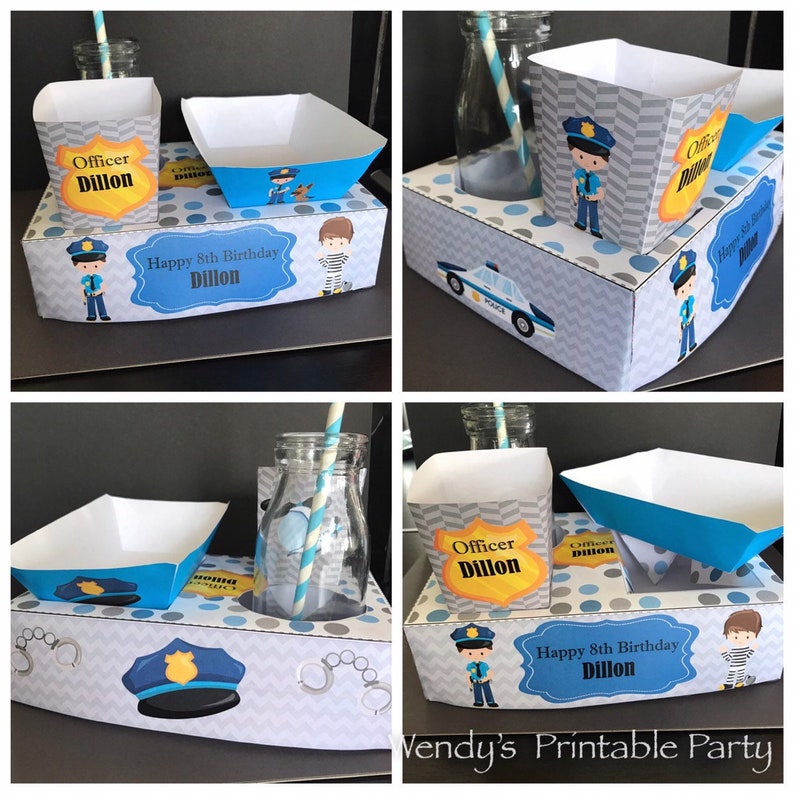 PDF Template Police Theme Party Food Lunch Box W/ Hotdog Tray & Popcorn ...