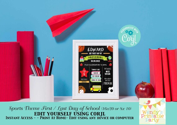 EDITABLE - Sport Theme First Day School Sign / Photo Prop, Corjl Edit ...