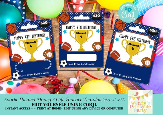 EDITABLE - Sports themed money / voucher gift card template, Corjl Edit ...