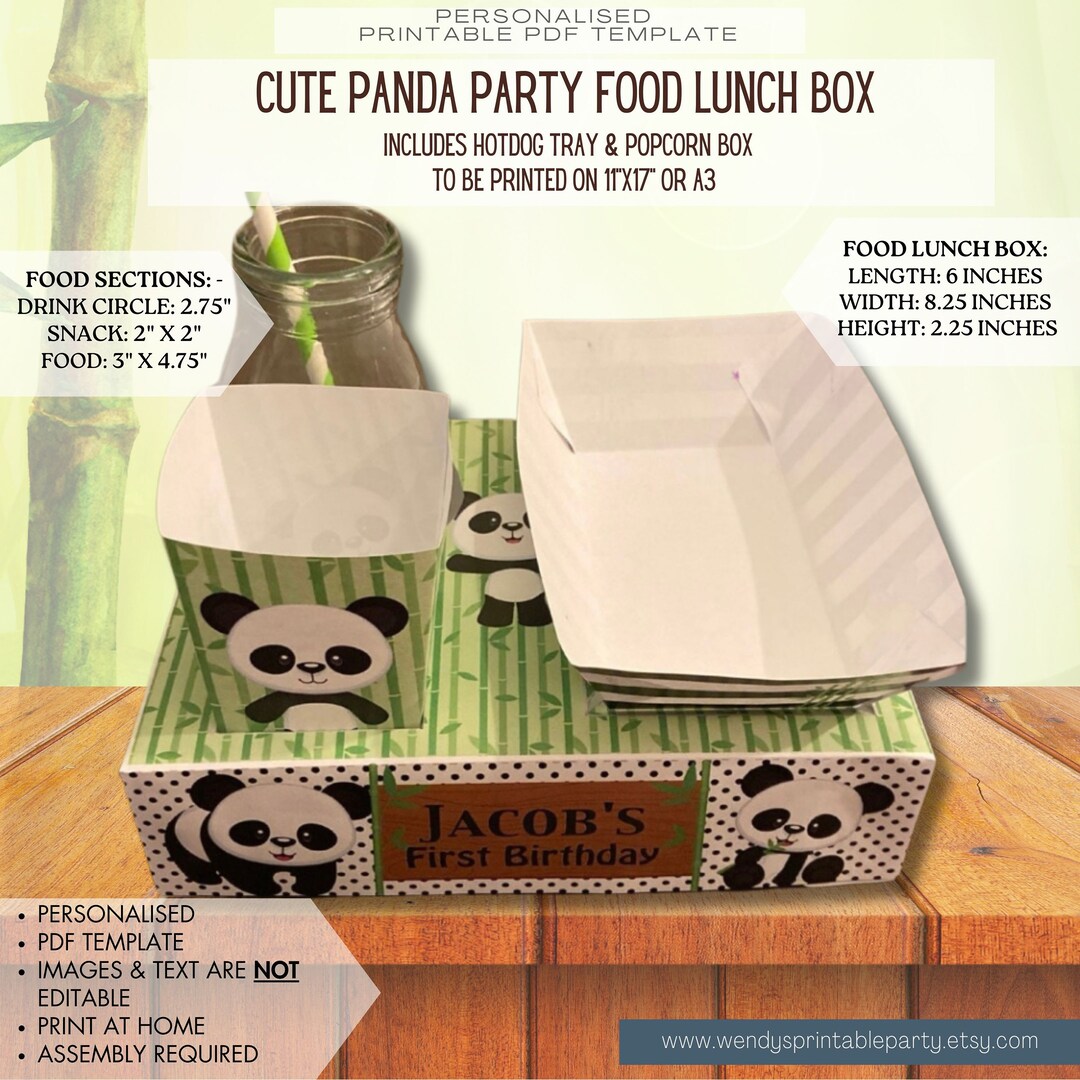 PDF Template Cute Panda Party Food Lunch Box W/ Hotdog Tray & Popcorn ...
