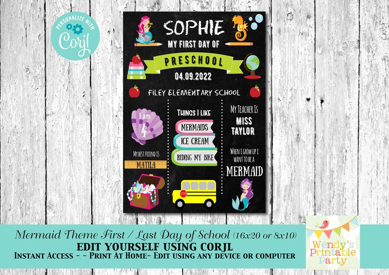 EDITABLE First / Last Day School Sign Mermaid / Photo Prop - Etsy