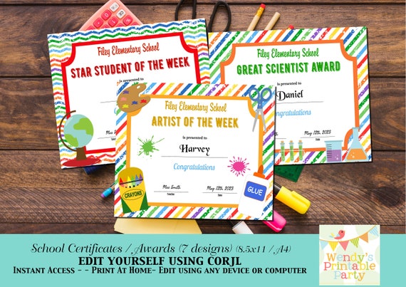 EDITABLE - Set of 7 School Award Certificate templates PDF & Jpeg Corjl ...