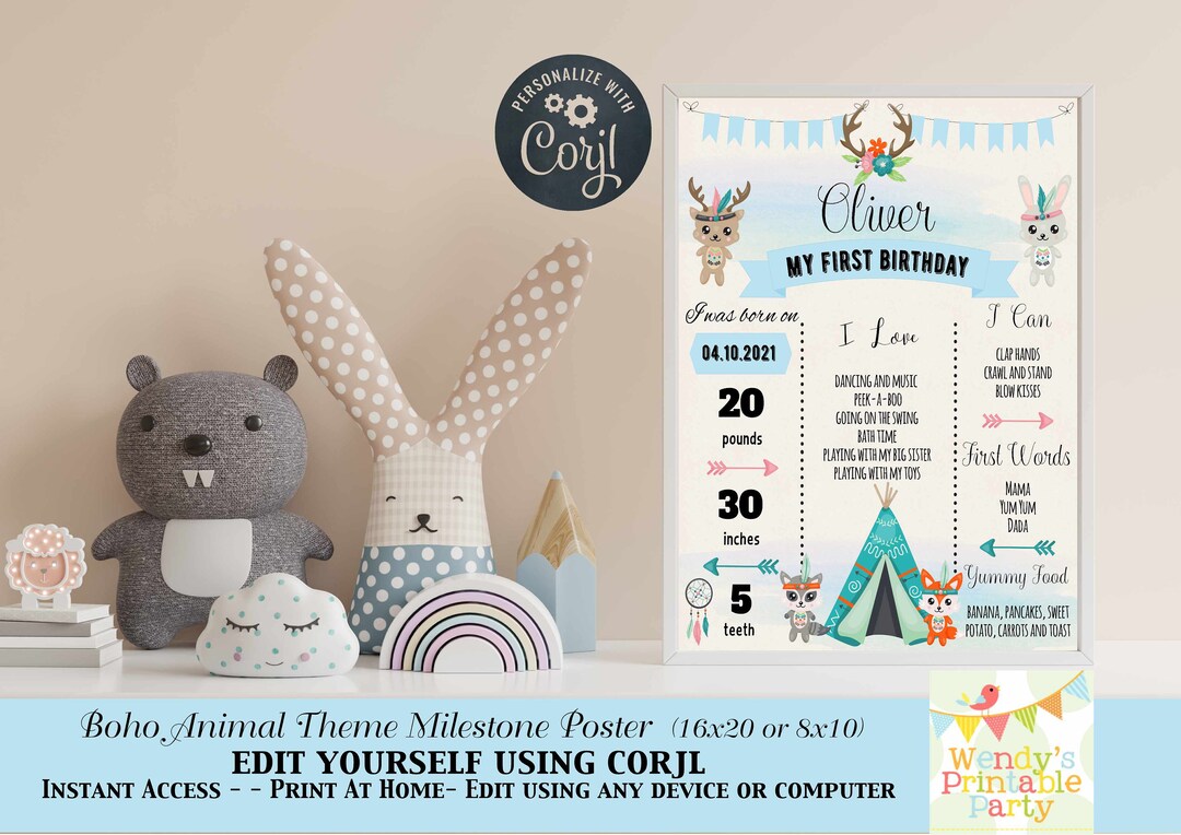 EDITABLE Boho Woodland / Forest Animal Birthday Milestone Prop, Corjl ...