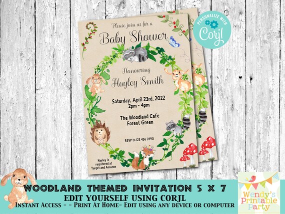 EDITABLE - Woodland Theme Baby Shower Invitation, Corjl Edit, Instant ...