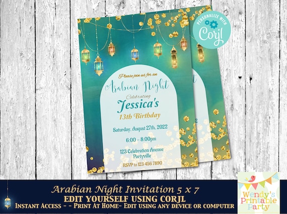 EDITABLE - Arabian Nights Themed Invitation, Corjl Edit, Instant ...