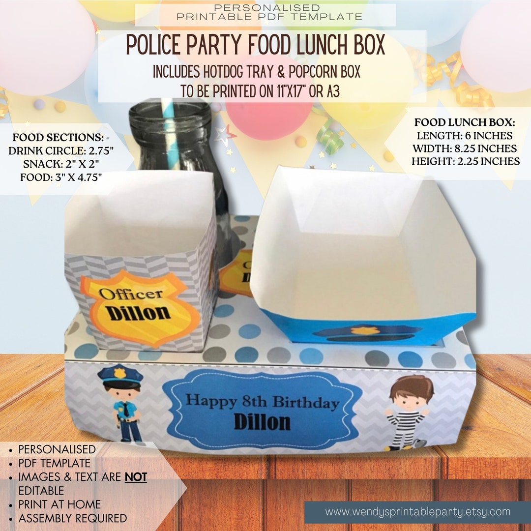 PDF Template Police Theme Party Food Lunch Box W/ Hotdog Tray & Popcorn ...