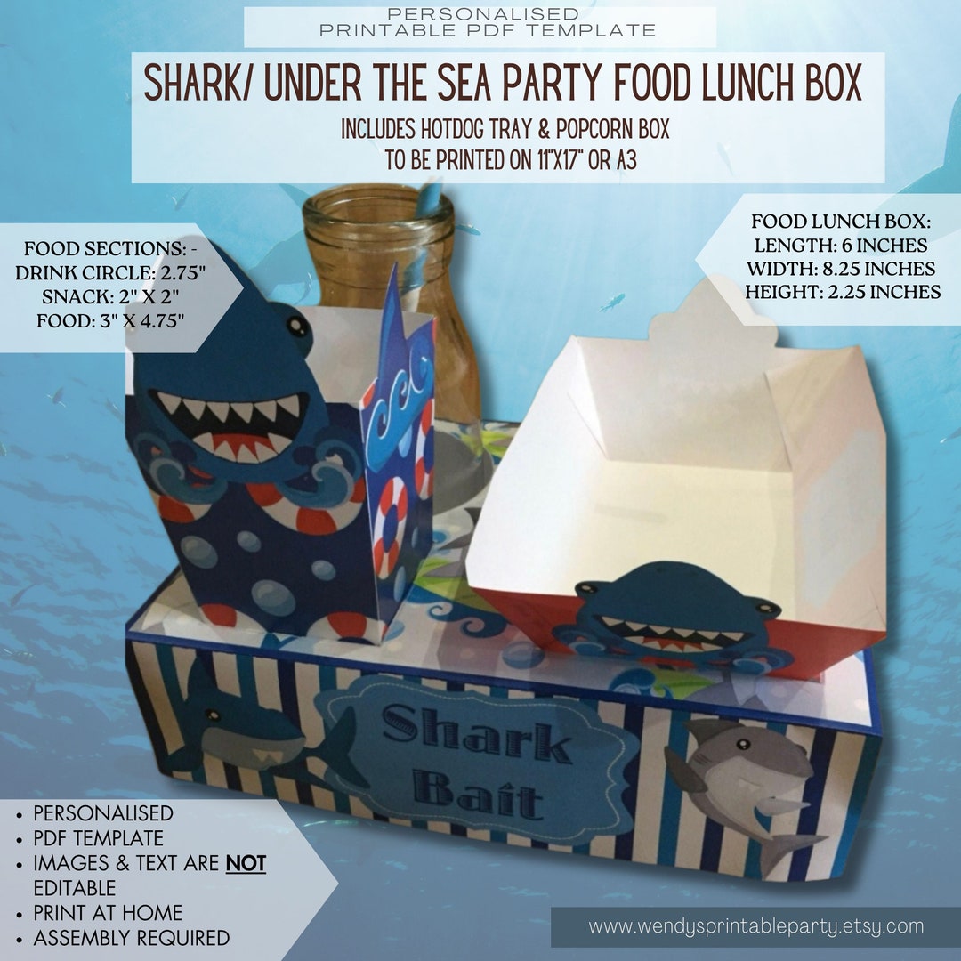 PDF Template Shark Themed Party Food Lunch Box W/ Hotdog Tray & Popcorn ...