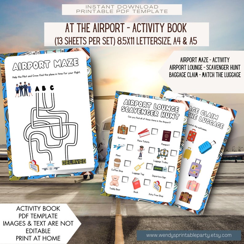 Kids Airport Travel Activity Book & Binocular Labels • Airplane Game ...