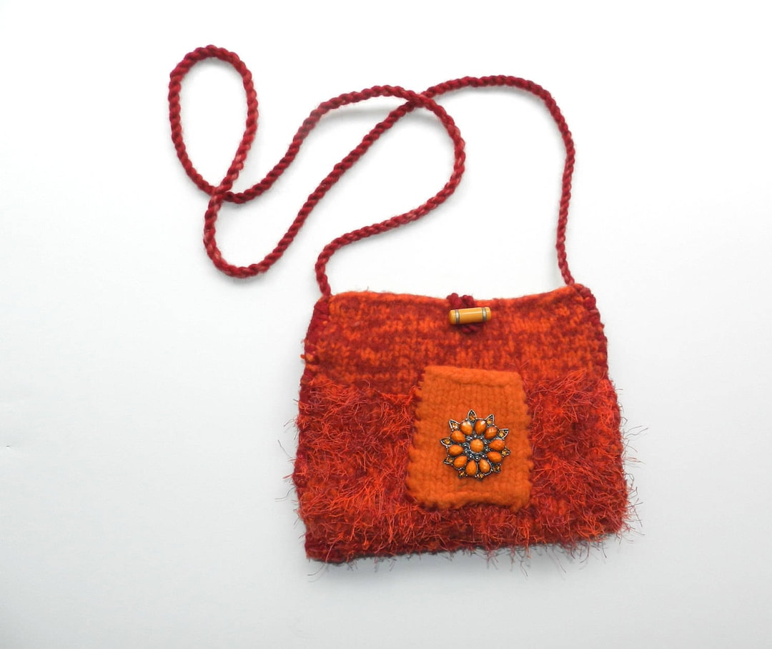Hand Knit Felted Crossbody Bag, Red and Orange Felt Bag, Small Red and ...