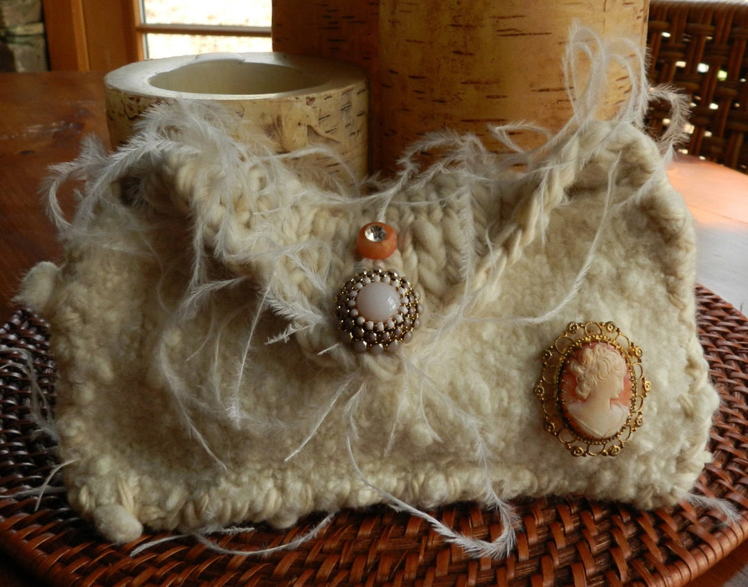 Hand Knit Felted Wedding Clutch, Ivory Felt Wedding Bag, Small Ivory ...