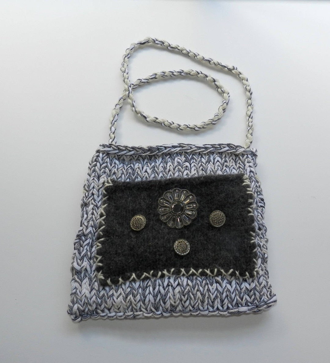 Hand Knit Crossbody Bag, Black White and Grey Hand Knit Bag, Black ...