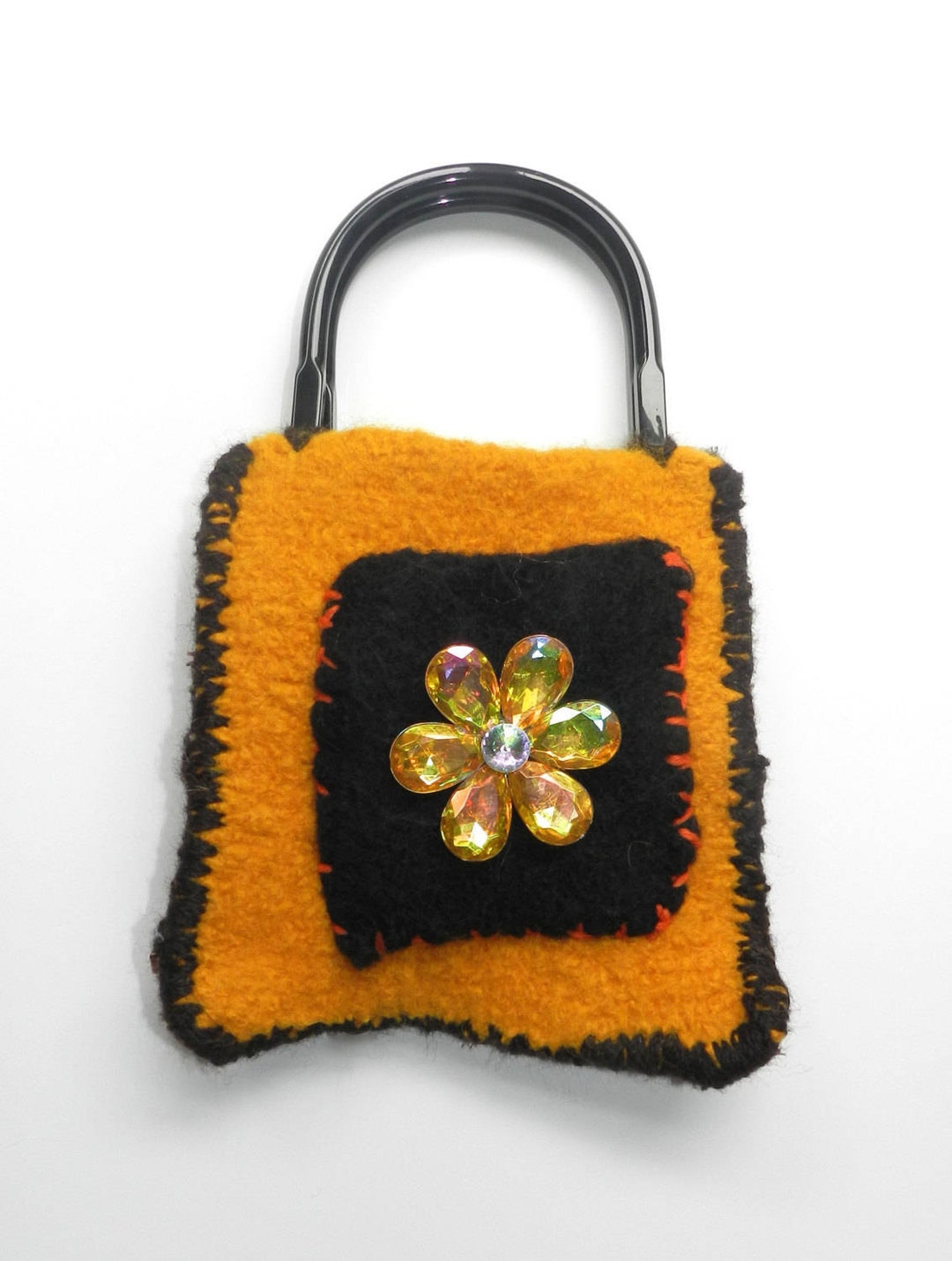 Top Handle Bag, Small Hand Knit Felted Bag, Gold Black and Grey Felt ...