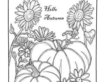 Pumpkins and Sunflower Digital Coloring Page Fall, Adult Coloring, Digi ...