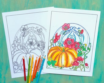 Pumpkins and Sunflower Digital Coloring Page Fall, Adult Coloring, Digi ...