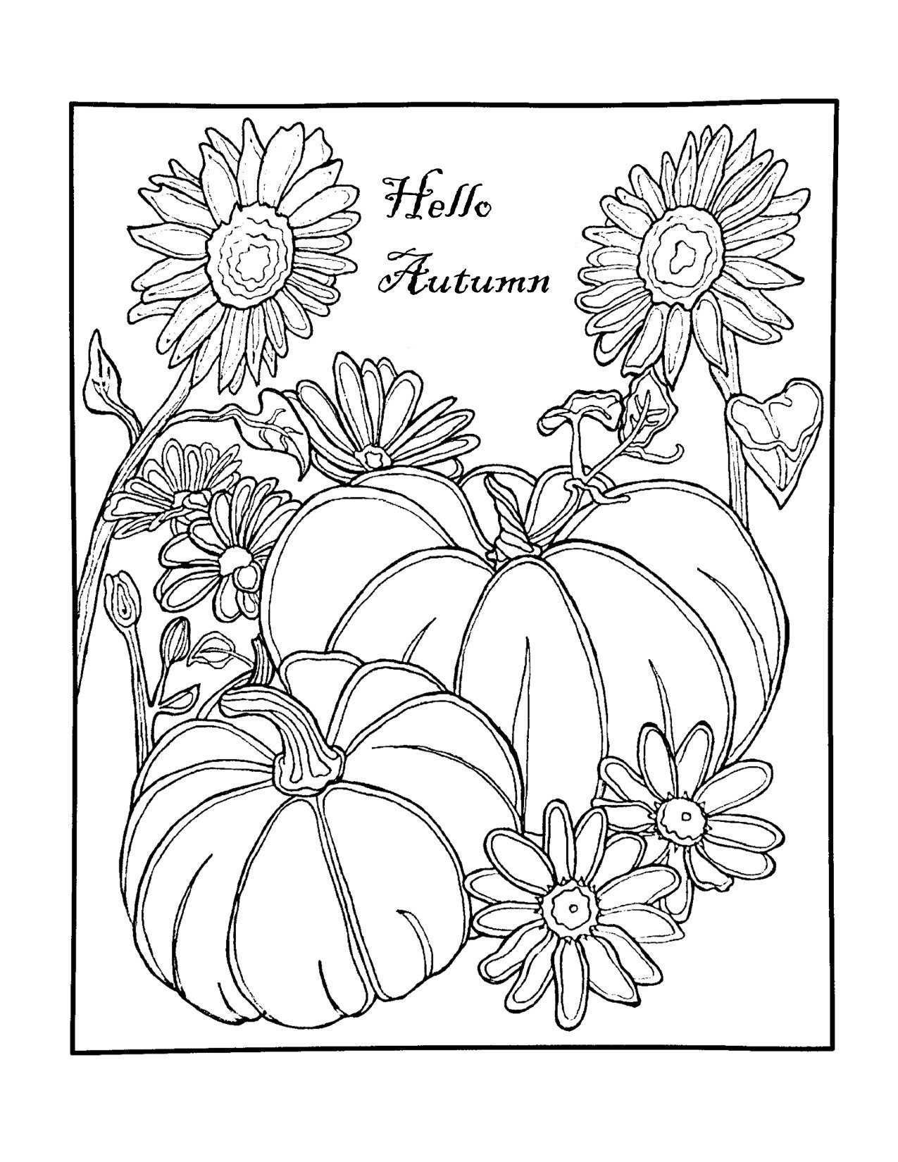 Fall Flowers and Pumpkins Coloring Page Digital Download - Etsy