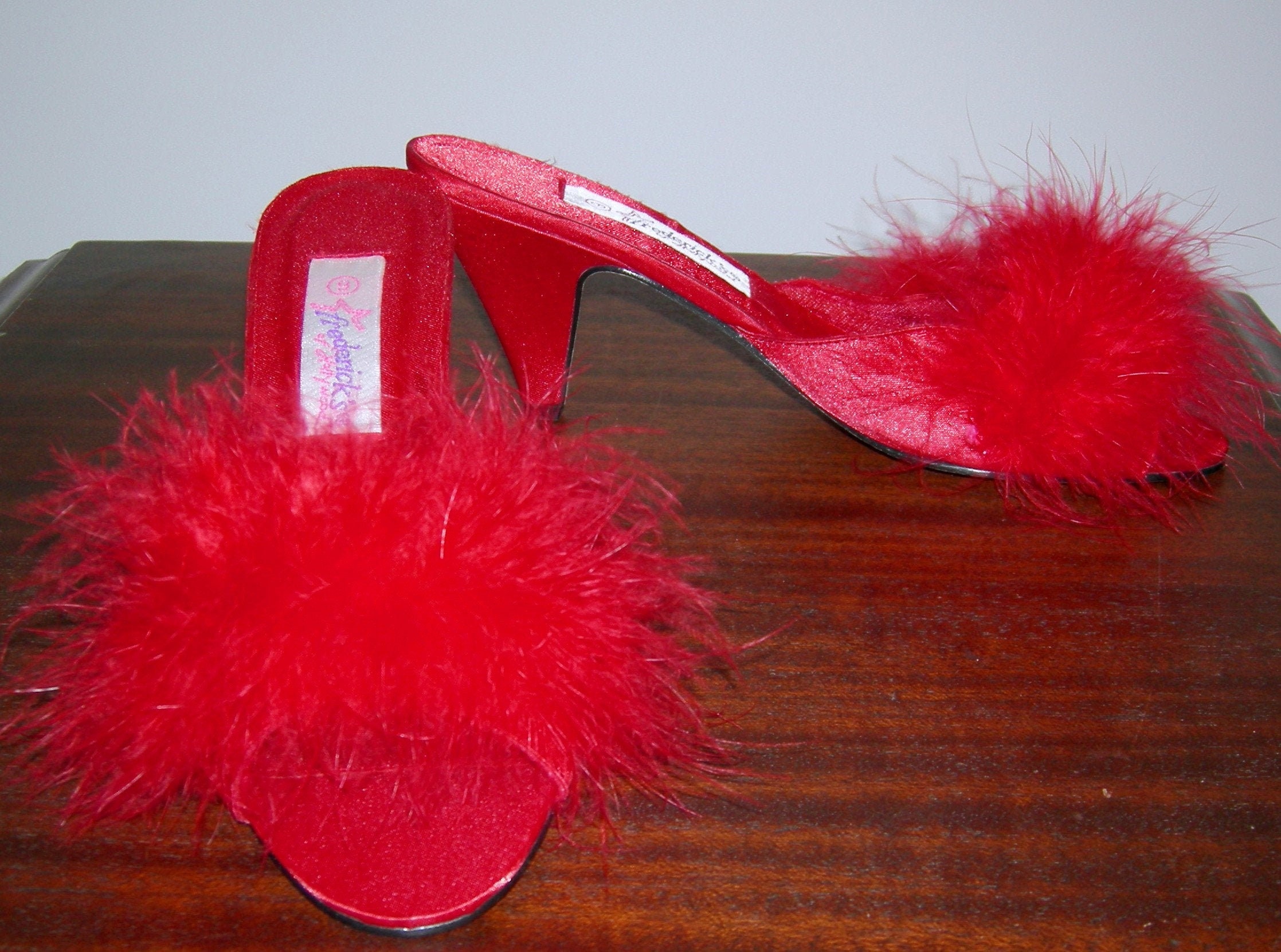 Vintage FREDERICKS of HOLLYWOOD Marabou Feather Boudoir Slippers Red ...