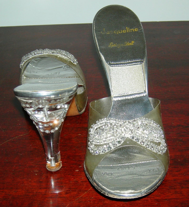 50s Vintage SPRINGOLATOR Mules Clear LUCITE RHINESTONE Bombshell Peep ...