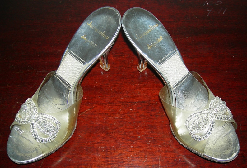 50s Vintage SPRINGOLATOR Mules Clear LUCITE RHINESTONE Bombshell Peep ...