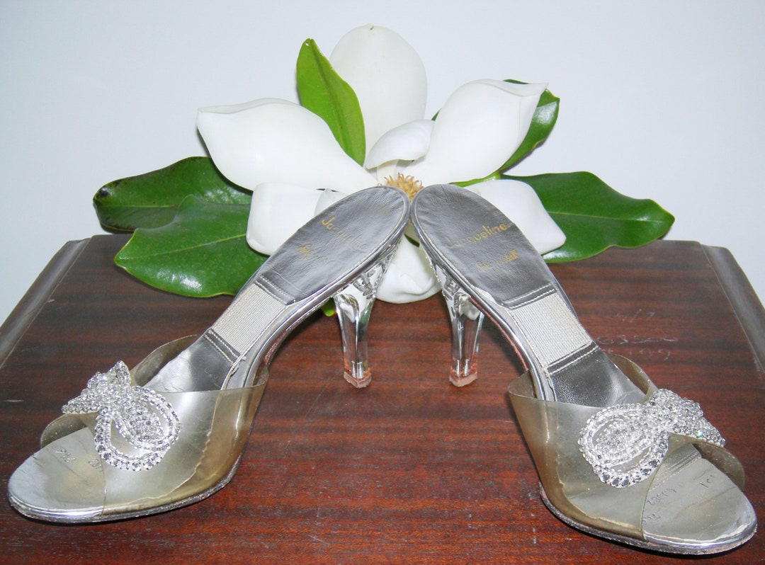 50s Vintage SPRINGOLATOR Mules Clear LUCITE RHINESTONE Bombshell Peep ...