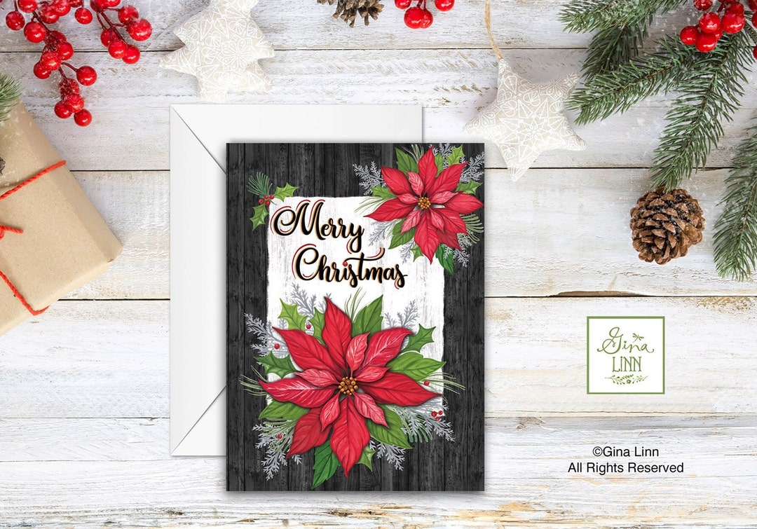 Merry Christmas Holiday Greeting Note Card With Red Poinsettias, Silver ...
