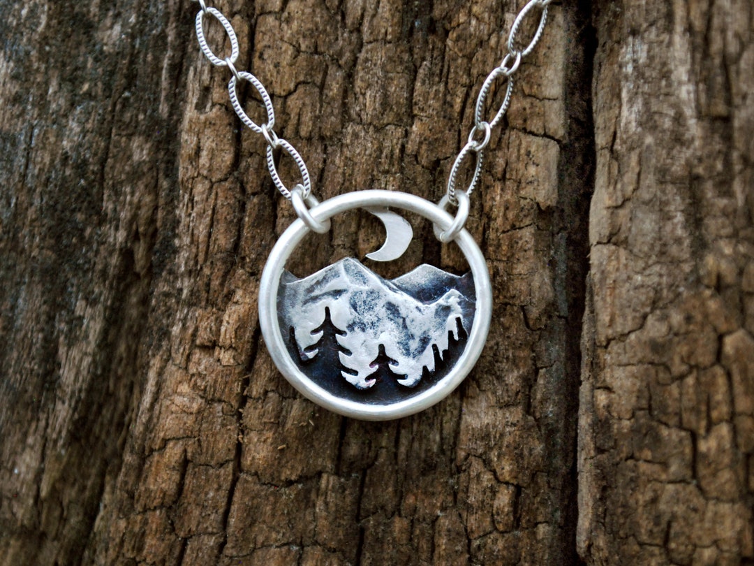 Alpine Dreamer - Crescent Moon and Mountain Pine Trees Pendant - Forest ...