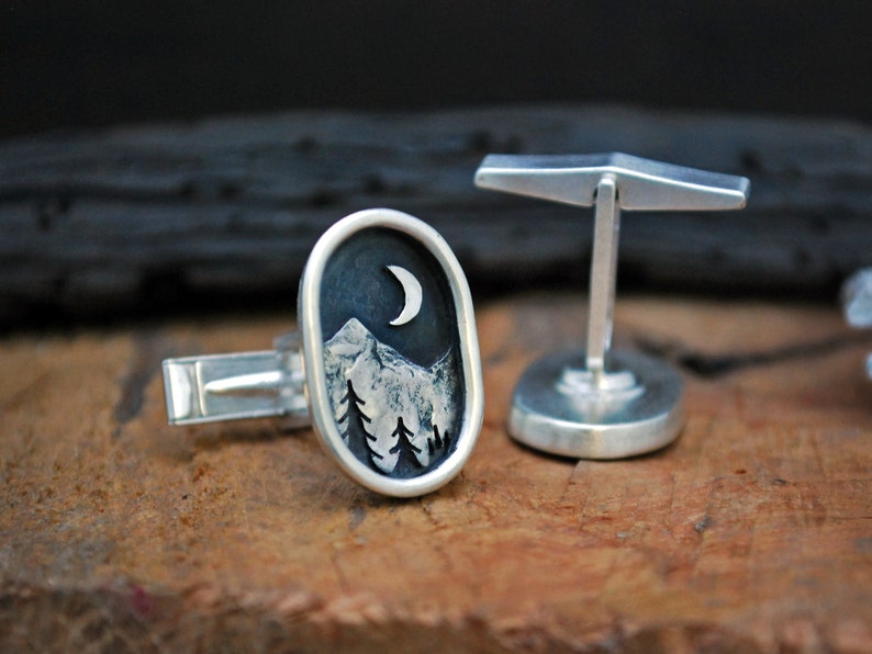 Mountain & Moon Cufflinks - Sterling Silver - Crescent Moon, Pine ...