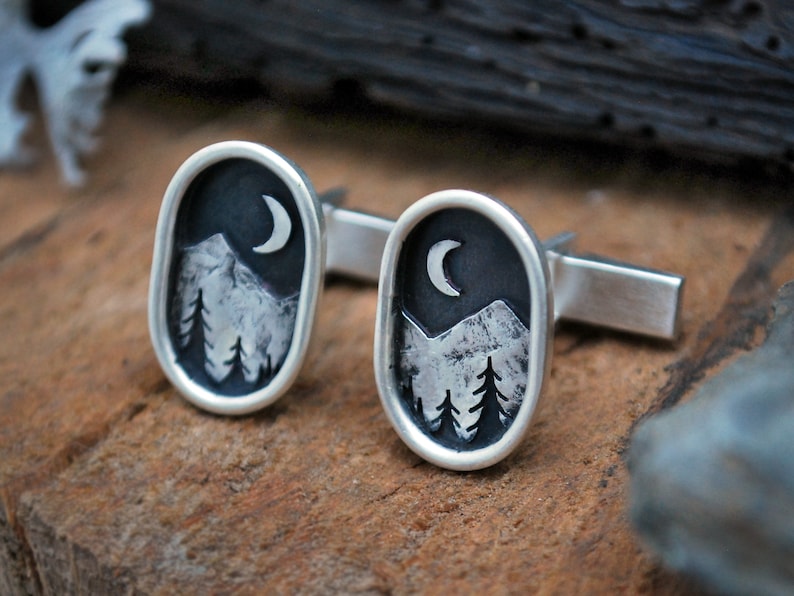 Mountain & Moon Cufflinks - Sterling Silver - Crescent Moon, Pine ...