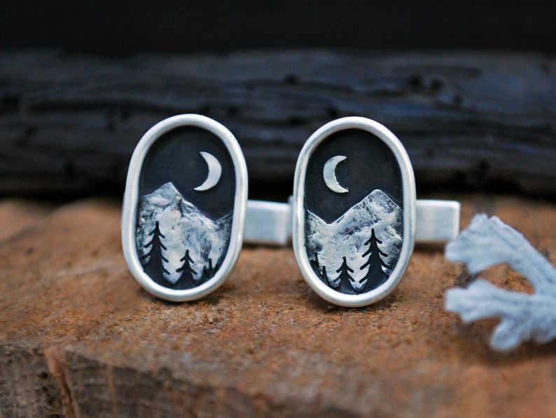 Mountain & Moon Cufflinks - Sterling Silver - Crescent Moon, Pine ...