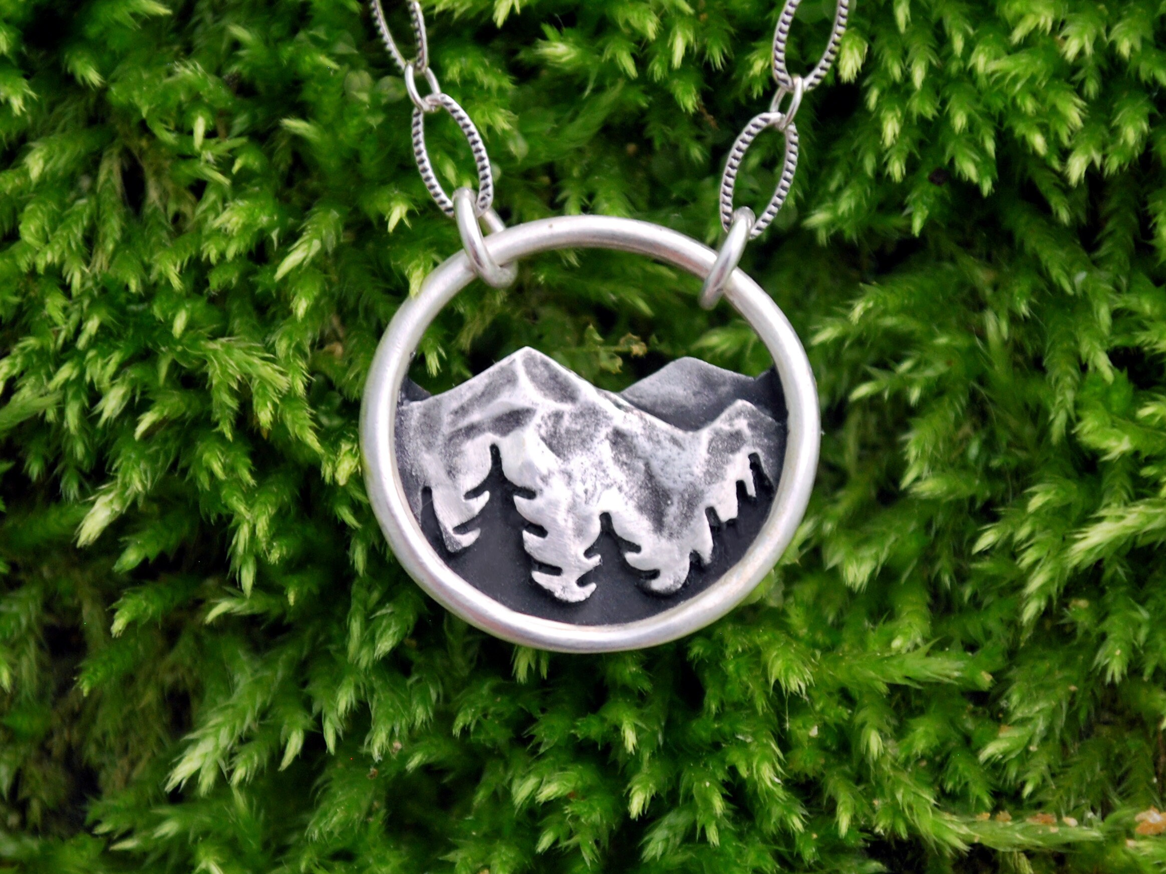 Alpine Dreamer Mountains & Pine Trees Circle Pendant - Etsy UK