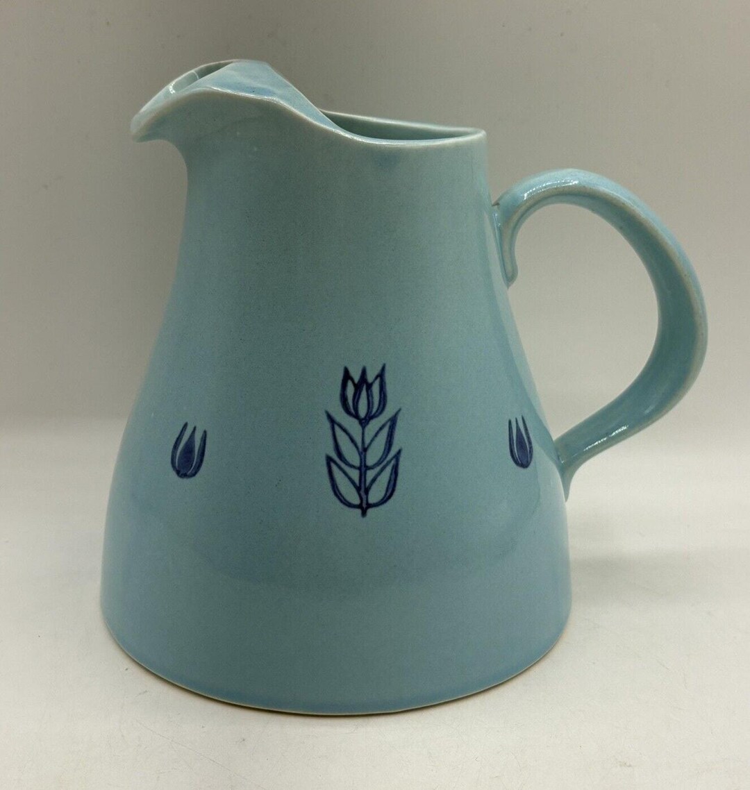 Cronin Pottery 1950s Stoneware Blue Tulip Water Pitcher With Ice Lip ...