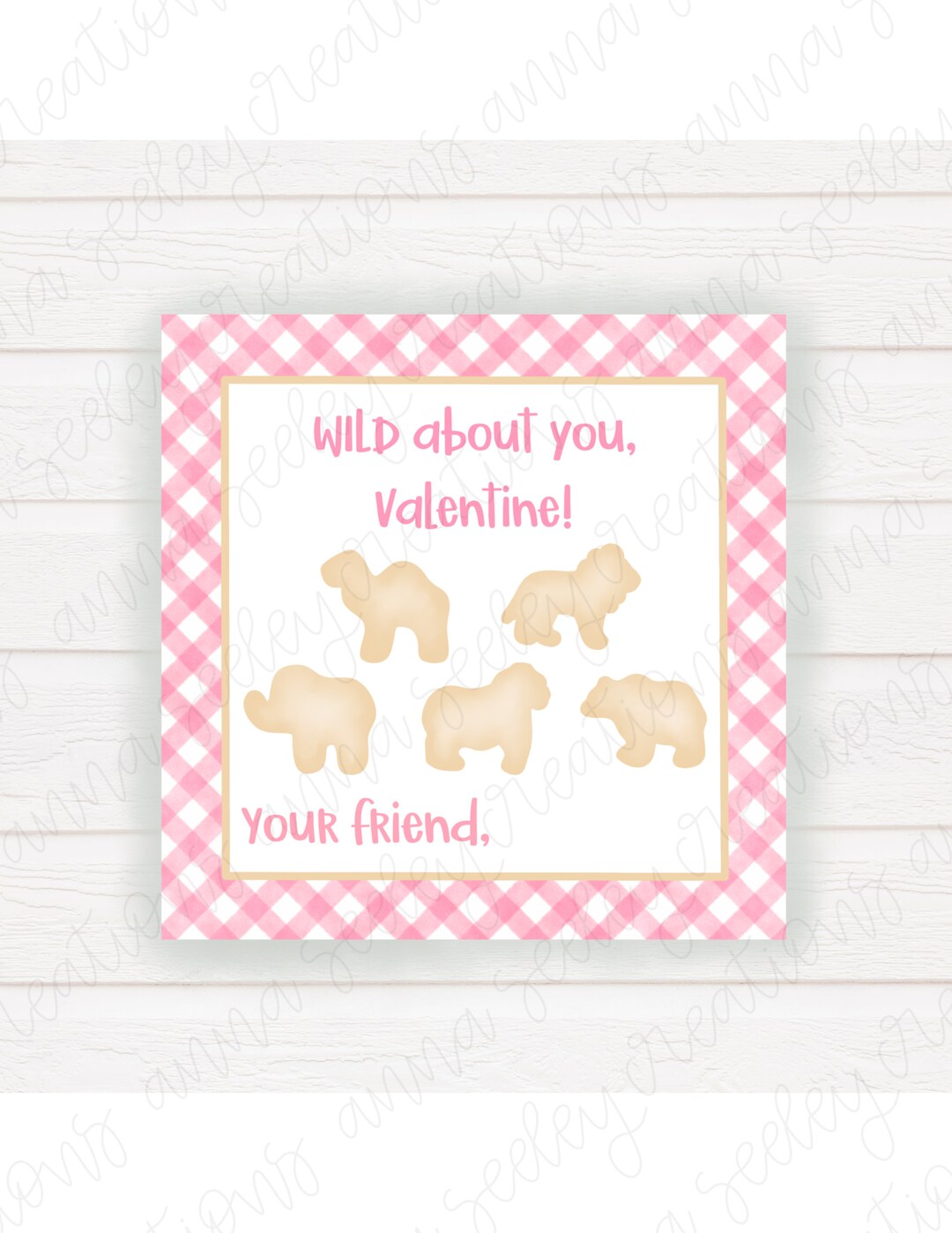 Printable Non-editable PDF 3x3in Pink Animal Crackers Kids Valentine’s ...