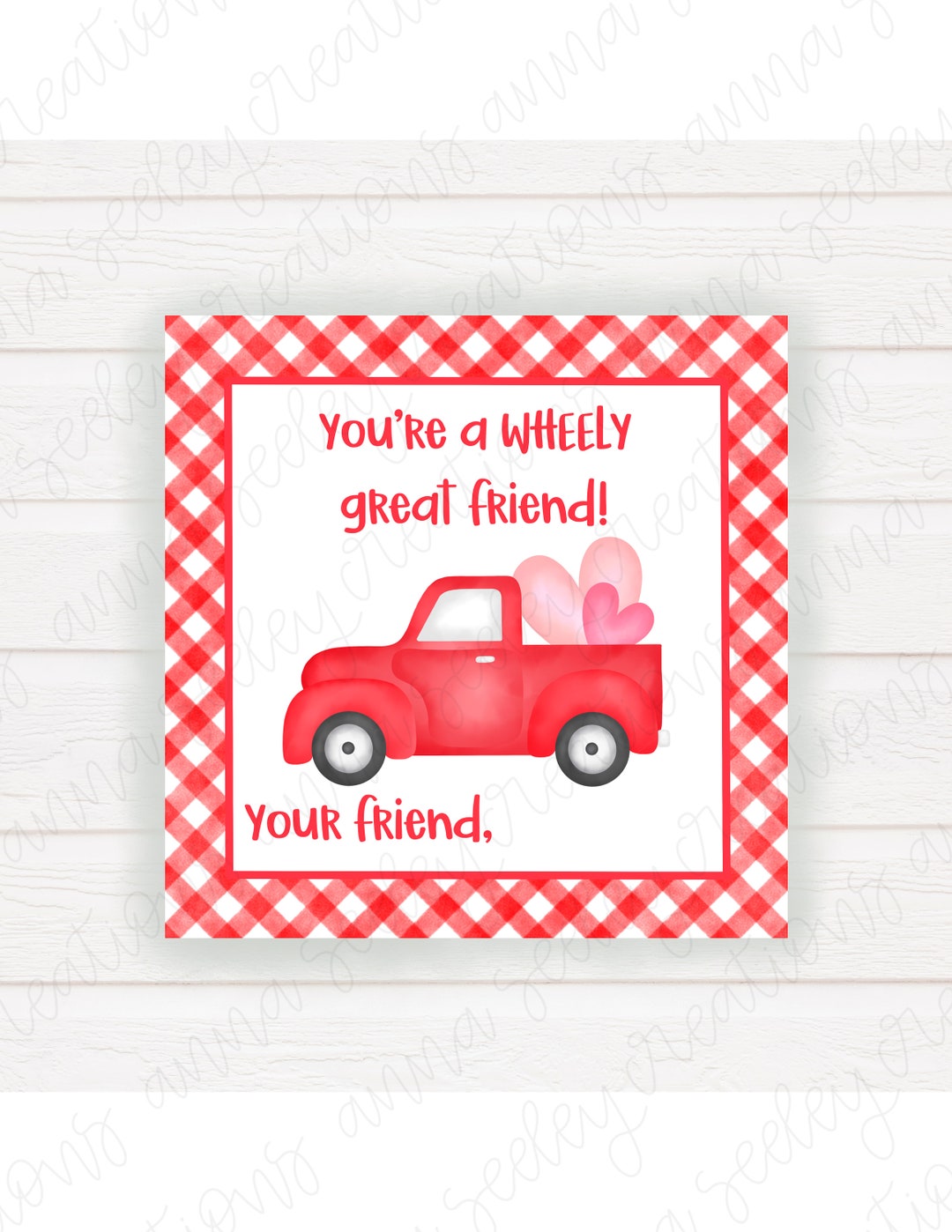 Printable Non-editable PDF 3x3in Truck Car Kids Valentines Day Card Tag ...
