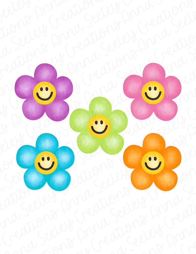 Smiley Face Flowers Bundle Set of 5 PNG Clip Art Images for - Etsy