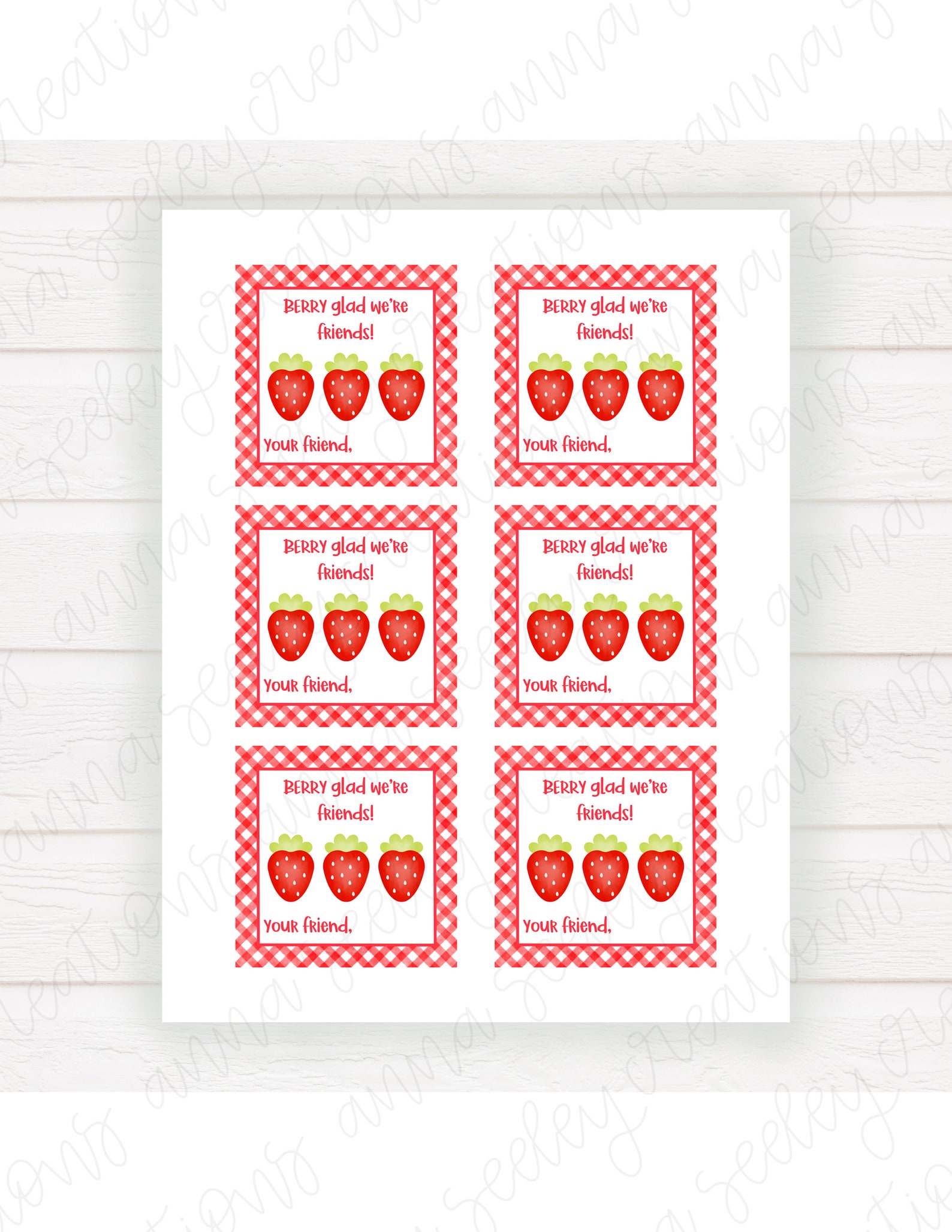 Printable Non-editable PDF 3x3in Strawberry Berry Kids Valentine’s Day ...
