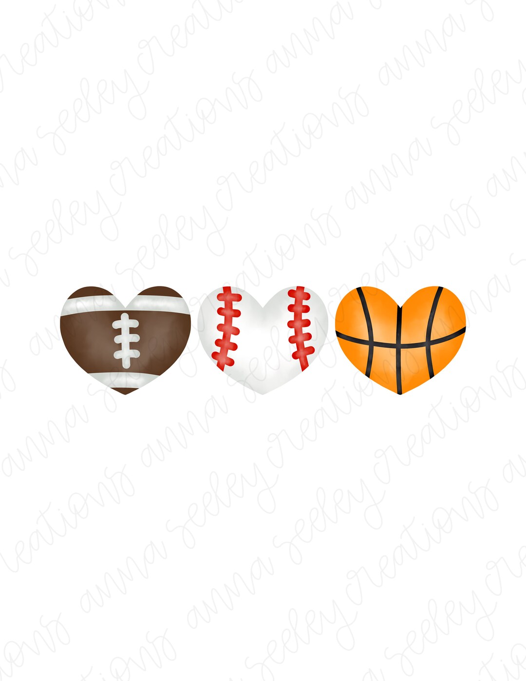 Watercolor Sports Valentine Hearts Trio Basketball Football Baseball ...