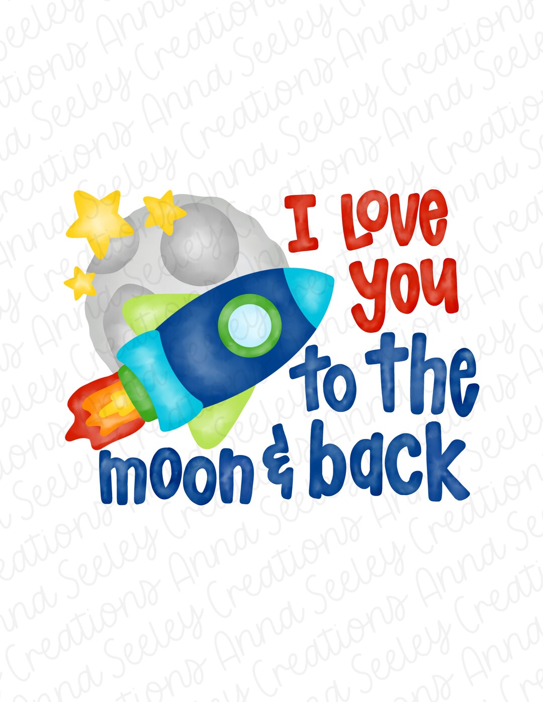 Watercolor Valentine Rocket Ship I Love You to the Moon and Back Space ...