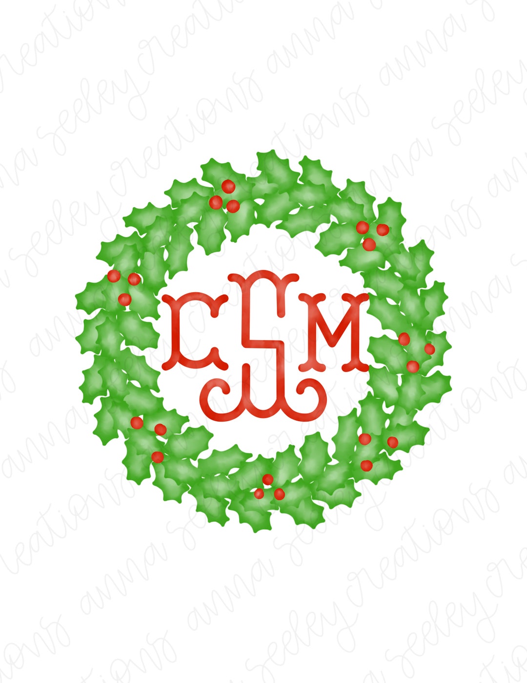 Watercolor Wreath Holly Mistletoe Monogram Frame PNG Design Clip Art ...