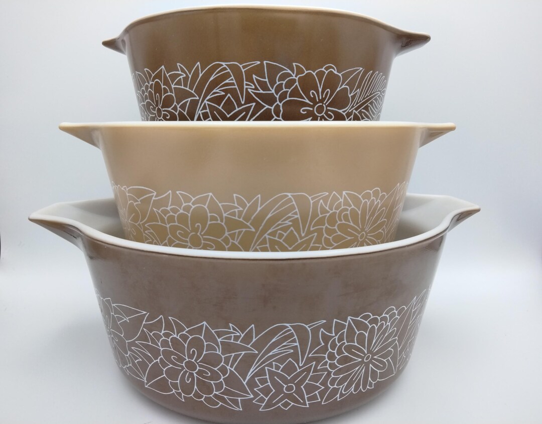 Pyrex Woodland Vintage Casserole Brown Flowers Set 475 (2.5Q), 474 (1 ...