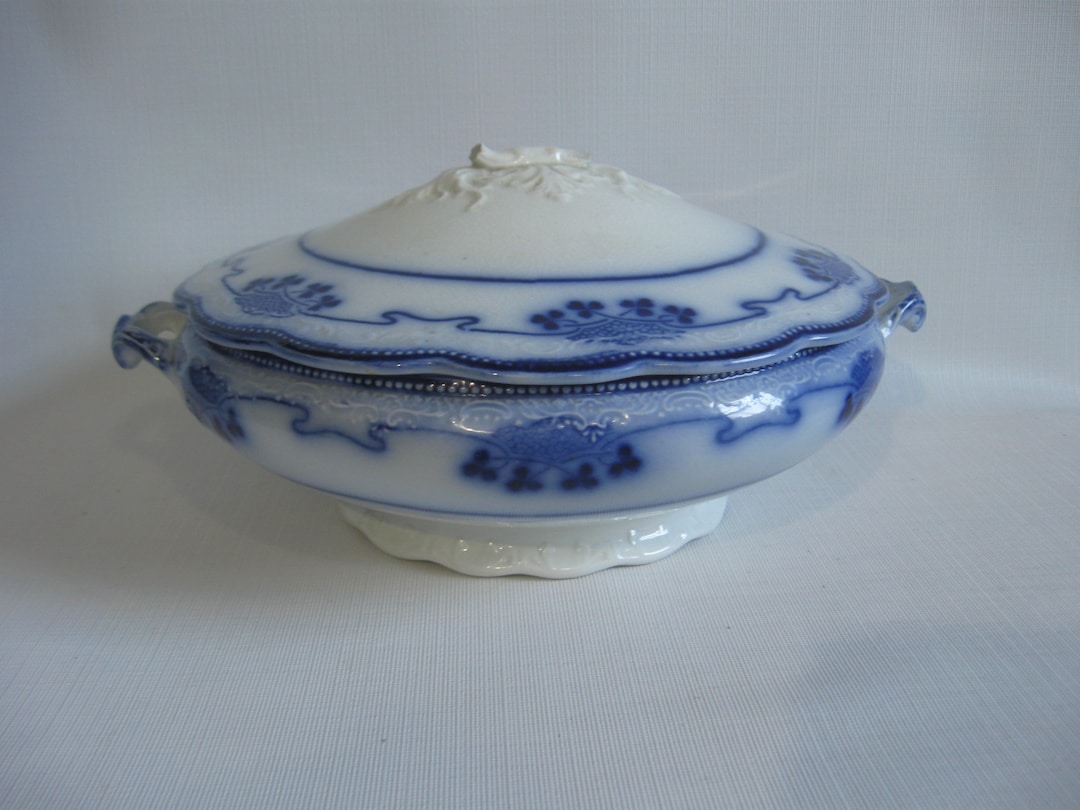 W.H. Grindley Lorne Antique Flow Blue Round Vegetable Bowl W/damaged ...