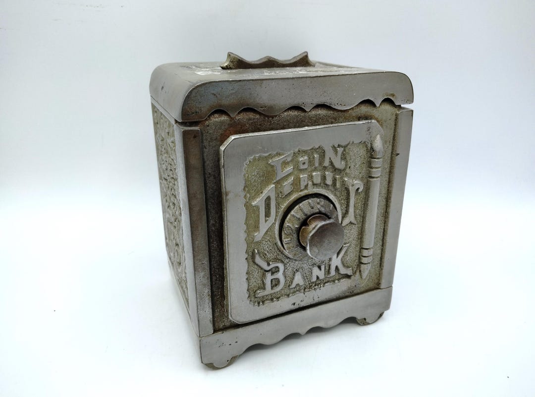 Antique Cast Iron Safe Bank, Vintage Coin Deposit W/ Combination Lock ...
