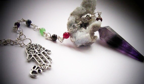 7 Chakra Pendulum Amethyst Point Hamsa Hand Om & Buddha | Etsy