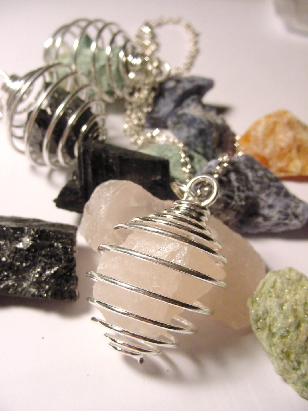 Cage Stone Pendants, Wire Wrap Spiral Cage, You Choose Stone, Genuine ...