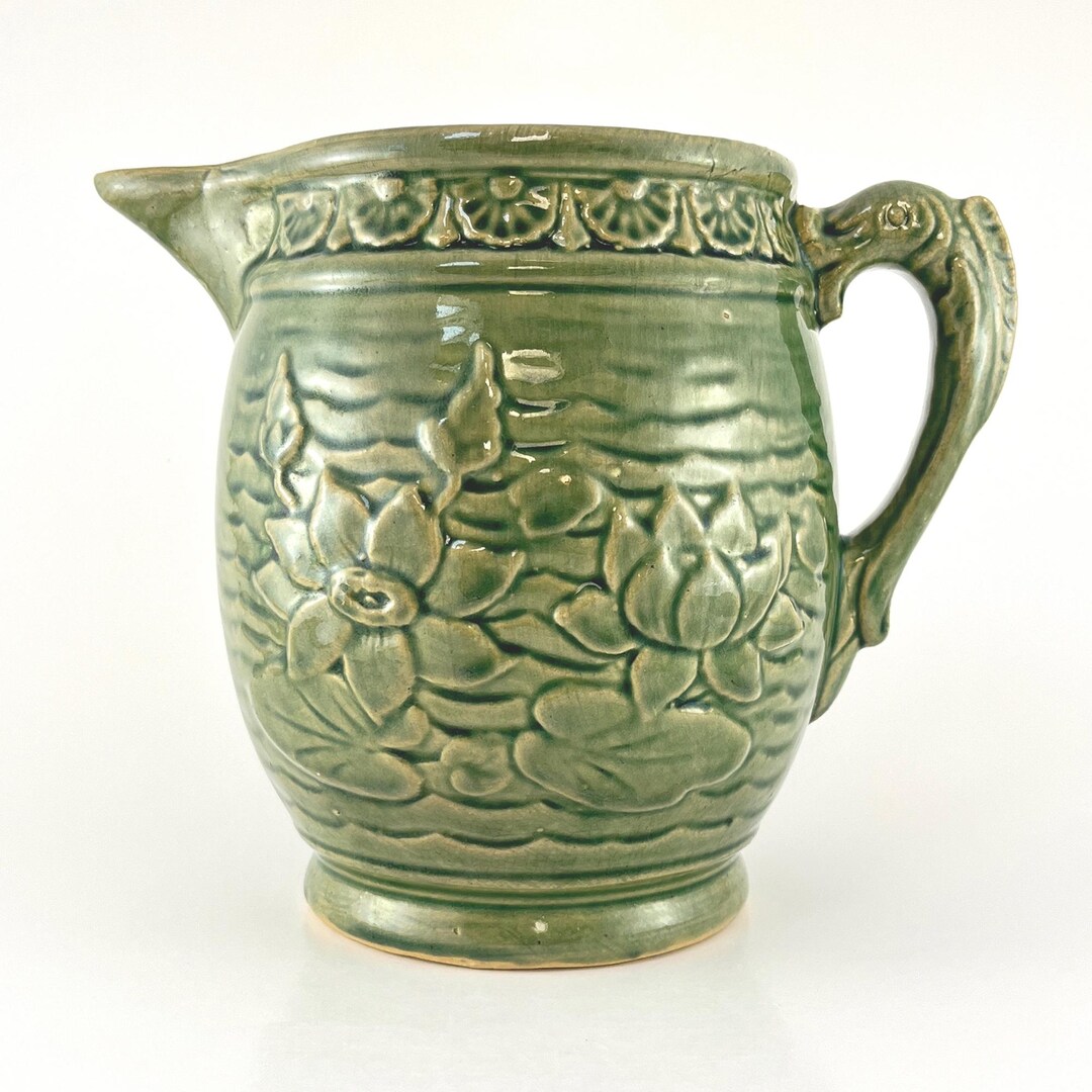 1930's Green Mccoy Water Lily Pitcher With Fish Handle - Etsy