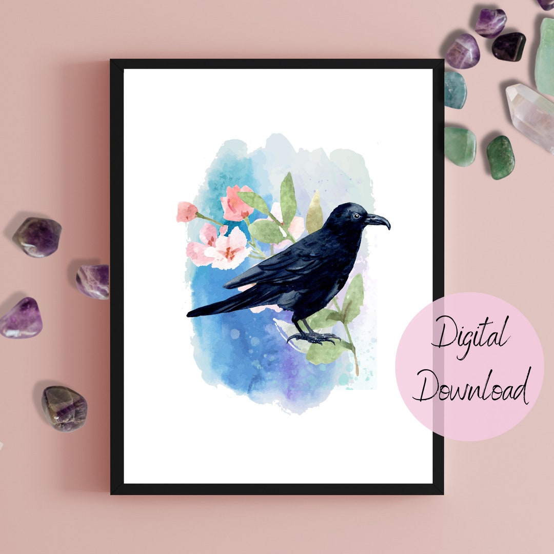 Crow and Pink Flowers Wall Art - Digital Downloadable Spiritual Art - Etsy