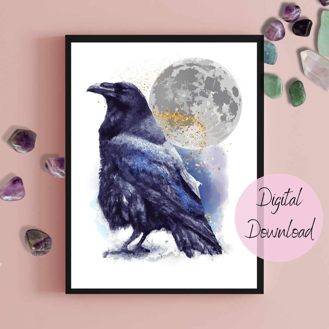 Crow and Full Moon Wall Art - Digital Downloadable Spiritual Art - Etsy