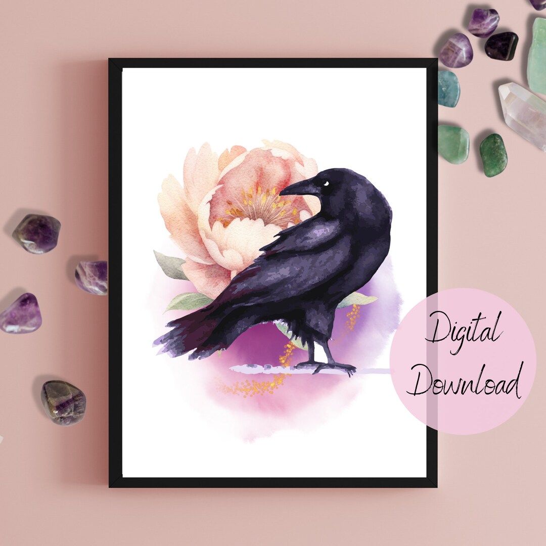 Crow and Peach Peony Wall Art - Digital Downloadable Spiritual Art - Etsy