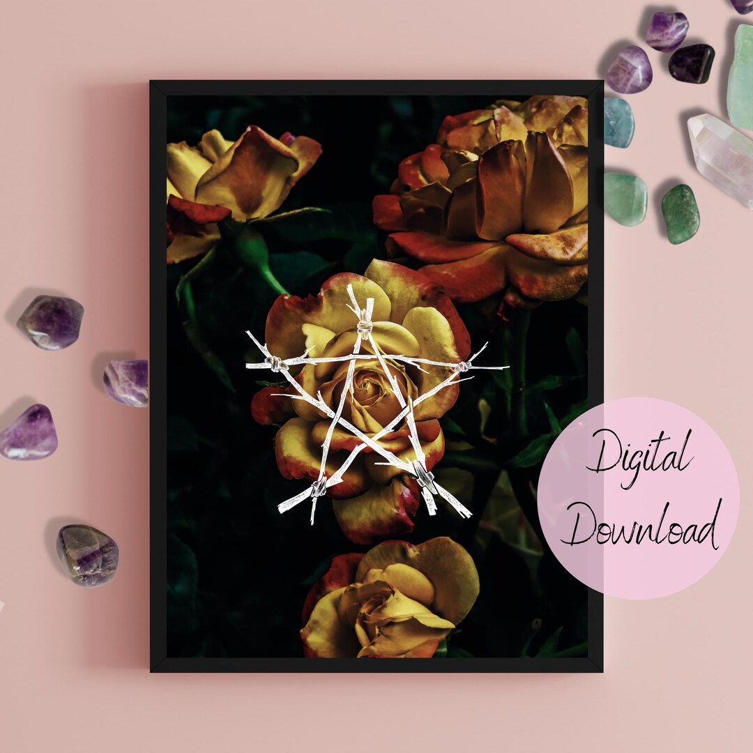 Pentacle Pentagram and Yellow Rose Flowers Dark Botanical Wall Art ...