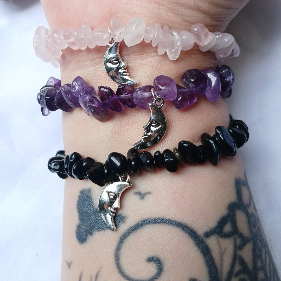 Crescent Moon Face Bracelet Gift Bundle - Rose Quartz - Amethyst ...