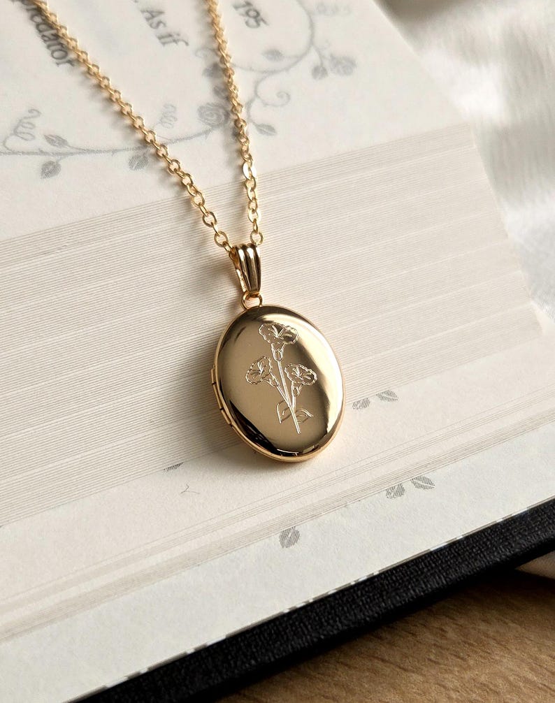 14k Gold Filled Birthflower Locket Necklace • Personalized Photo ...