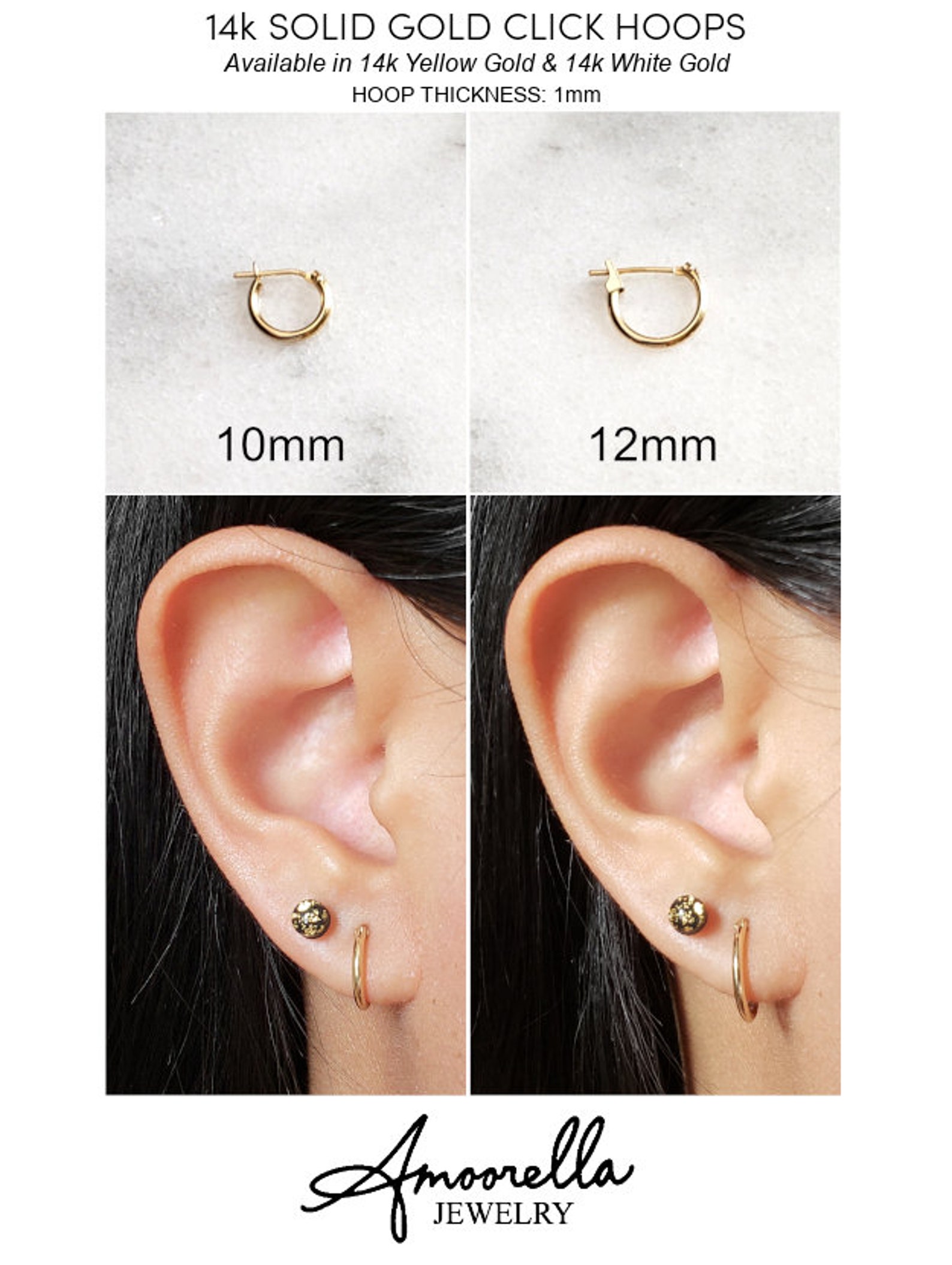 14k Solid Yellow Gold Hoops 1mm / 10mm 12mm 14mm Earrings - Etsy